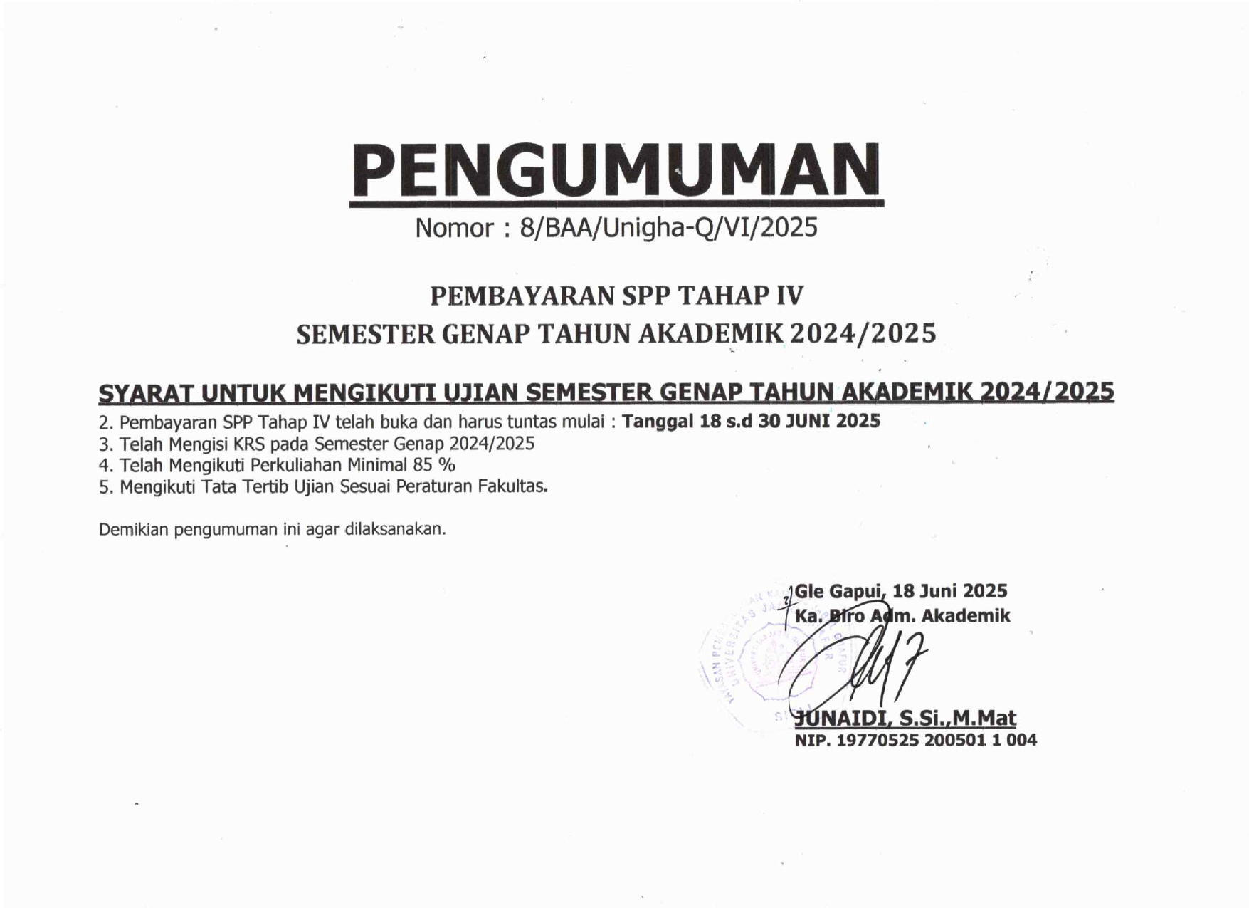 Pembayaran SPP Tahap IV Semester Genap 2024/2025